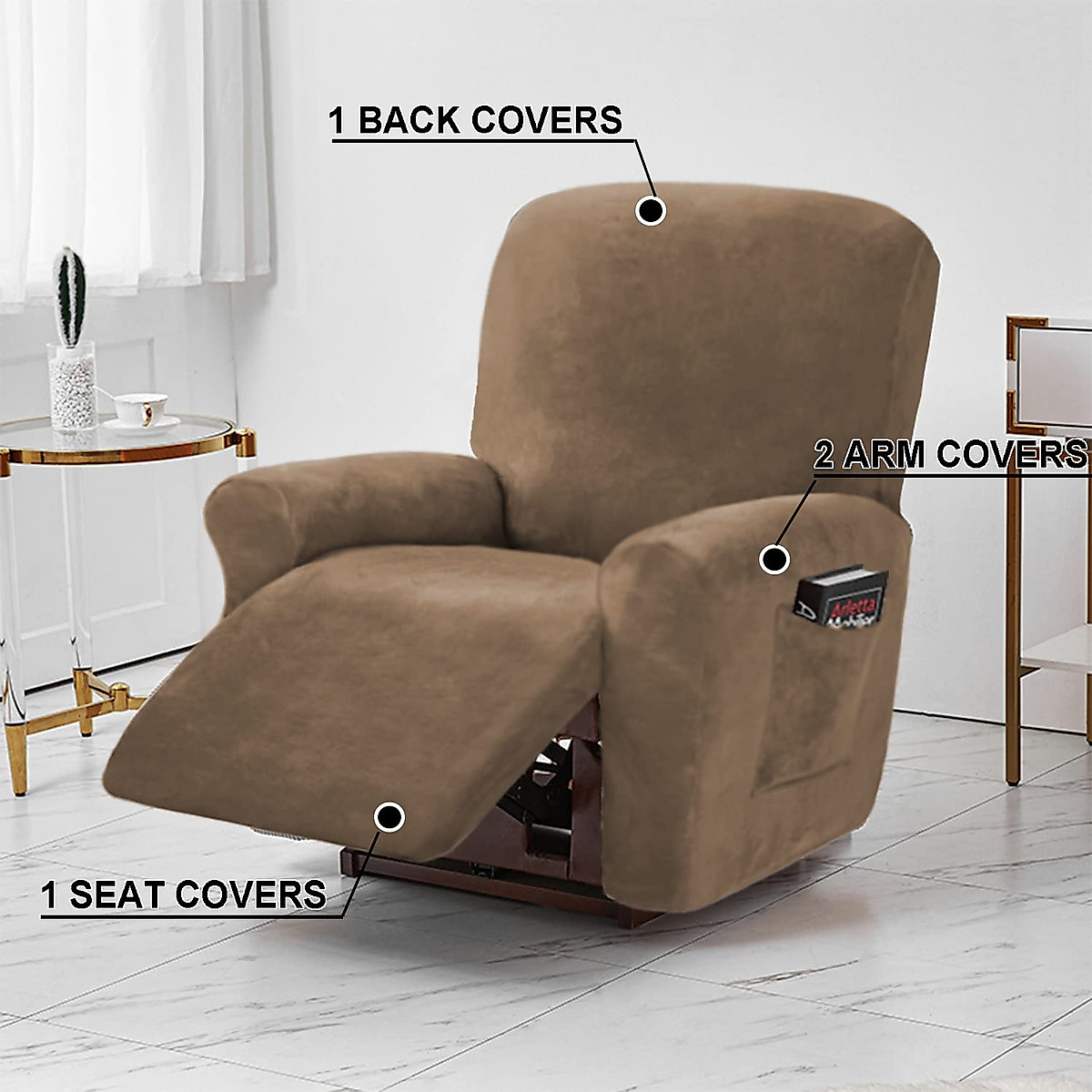 4 Pieces Stretch Velvet Recliner Chair Covers, Thick & Soft Lazy Boy Recliner Slipcover for Home Theater Seating with Side Pocket