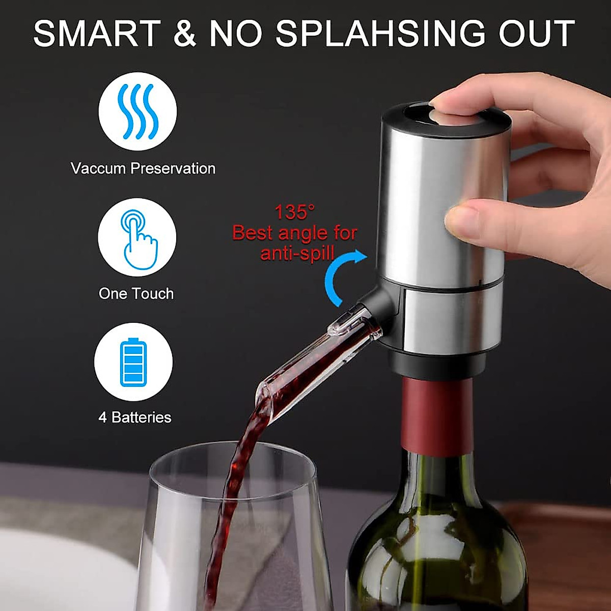 Wine Aerator Electric Wine Aerator and Decanter,One Touch Smart Wine Decanter with Storage Base and Retractable Tube,Ideal Gift for Wine Lovers(Stainless Steel - Battery Operated)