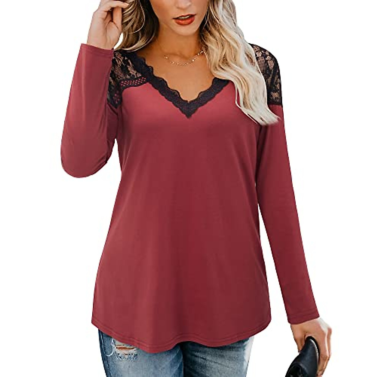 LAISHEN Women's V Neck Crochet Lace Trim Long Sleeve Casual Loose Blouses Tunic Tops(Red,M)
