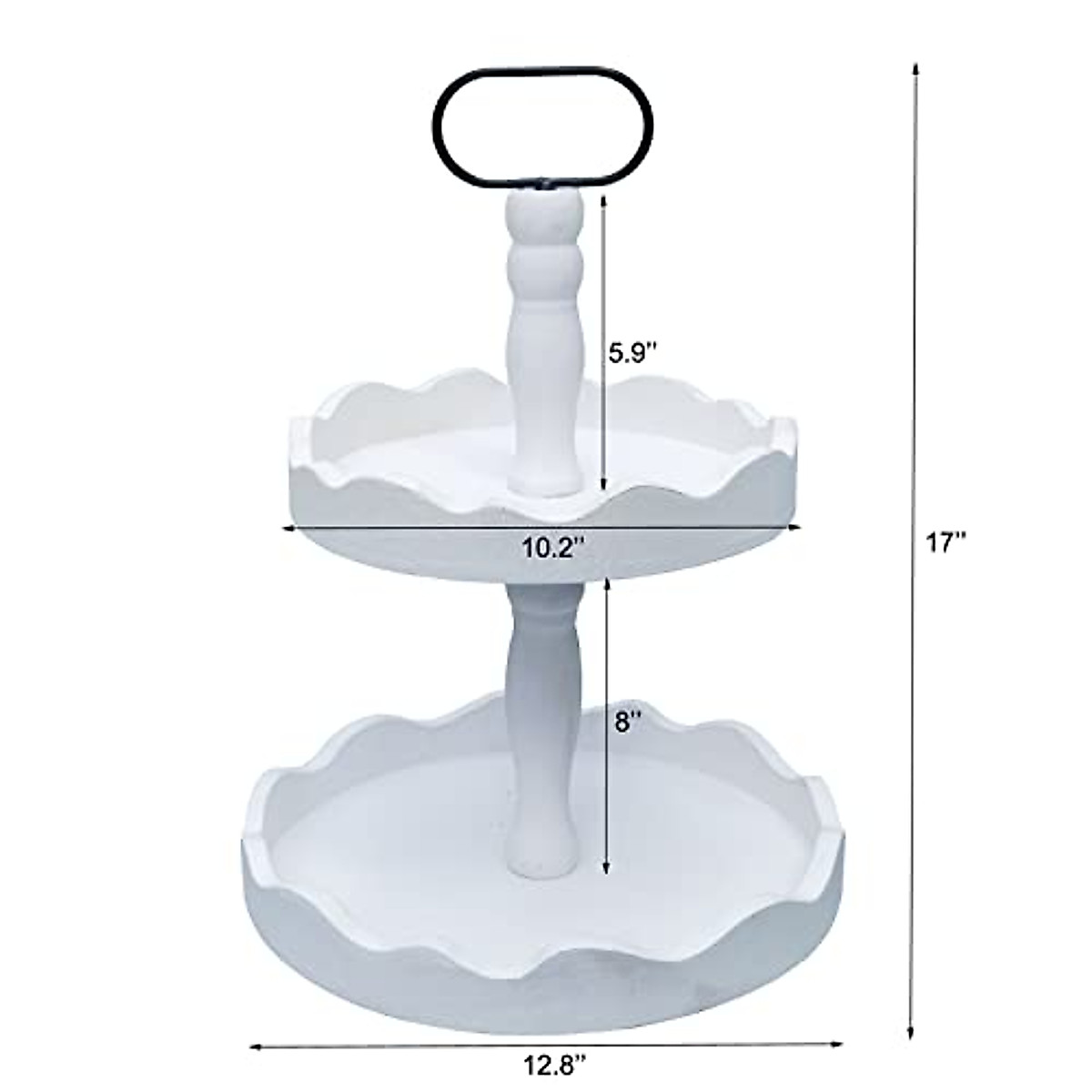 White Wood Two-Tier Tray with Metal Handle, Rustic Decorative Two Tiered Stand，Farmhouse 2 Tier Serving Tray for Kitchen Counter, Coffee Bar, Dining Room Table