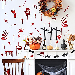 Halloween Bloody Wall Stickers Spooky Bloody Handprint Footprint Window Stickers Easy to Apply and Remove, Vivid Halloween Spooky Stickers Perfect for Halloween Party Indoor Outdoor Decorations