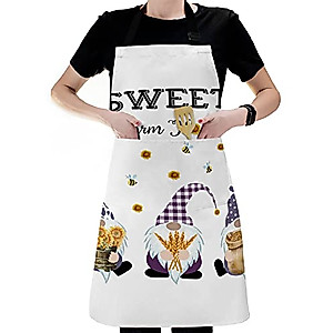 LAMANDA Kitchen Aprons for Women,Gnome Sunflower Bumblebee Buffalo Check Cooking Apron with Pockets Server Aprons Chef Apron for Men
