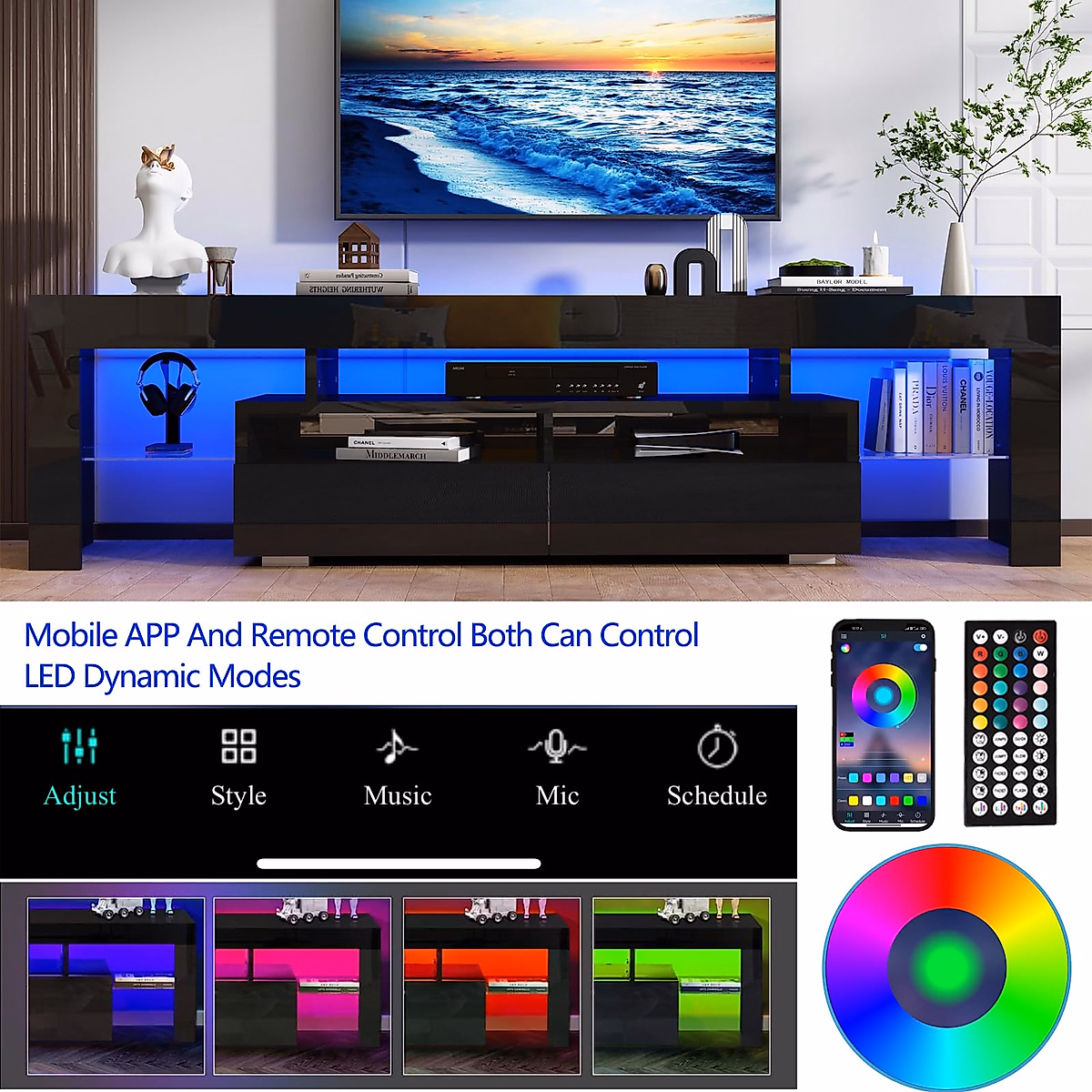 Uspeedy 70in TV Stand for 75/80 inch TV,Modern LED TV Stand for Living Room,Black TV Stand,High Gloss TV Entertainment Center with Storage Drawer,APP RGB Light,TV Console(71in Black)