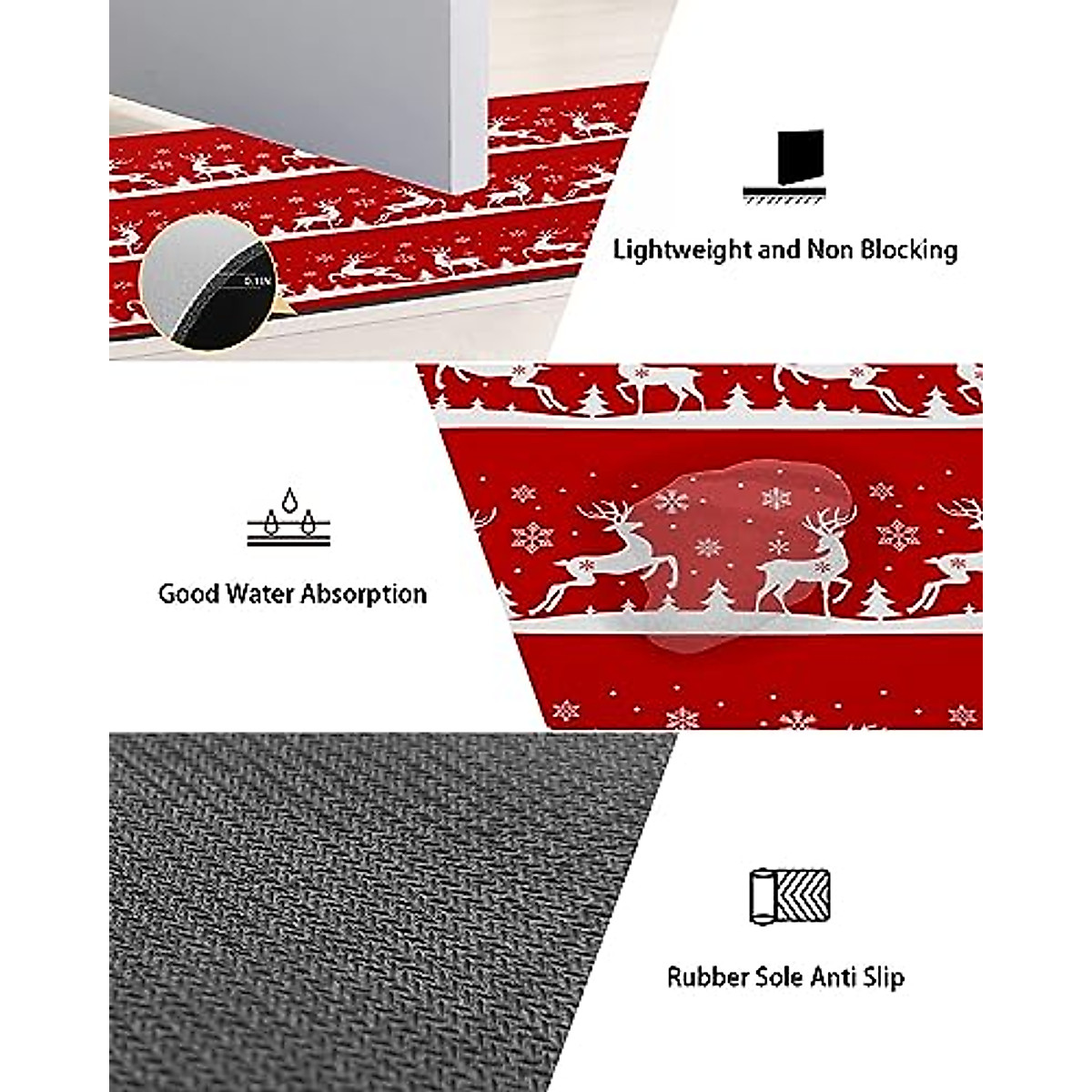 Christmas Deer Bath Mat for Tub,Non Slip Bathroom Floor Runner Rug Quick Dry & Absorbent Diatomaceous Earth Shower Sink Bedroom Kitchen Washable Doormat,Xmas Winter Snowflake Reindeer Red Tree 20"x47"