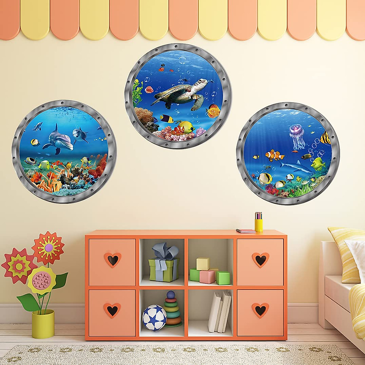Ocean Animals World Under Sea Decor Includ Sea Turtles Dolphins Fishes 3 Pcs Removable 3D Peel and Stick Vinyl Stickers for Bathroom,Wall Decor,Wall Stickers,Bedroom,Furniture