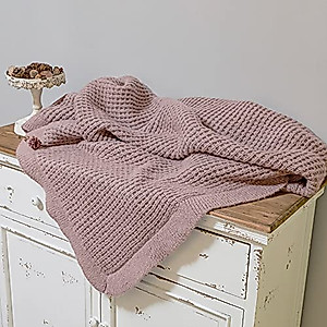 Amélie Home Soft Cozy Waffle Knit Throw Blanket with Ruffled Fringe, Decorative Lightweight Knitted Throw Blankets for Couch Bed Sofa (Misty Rose, 50'' x 60'')