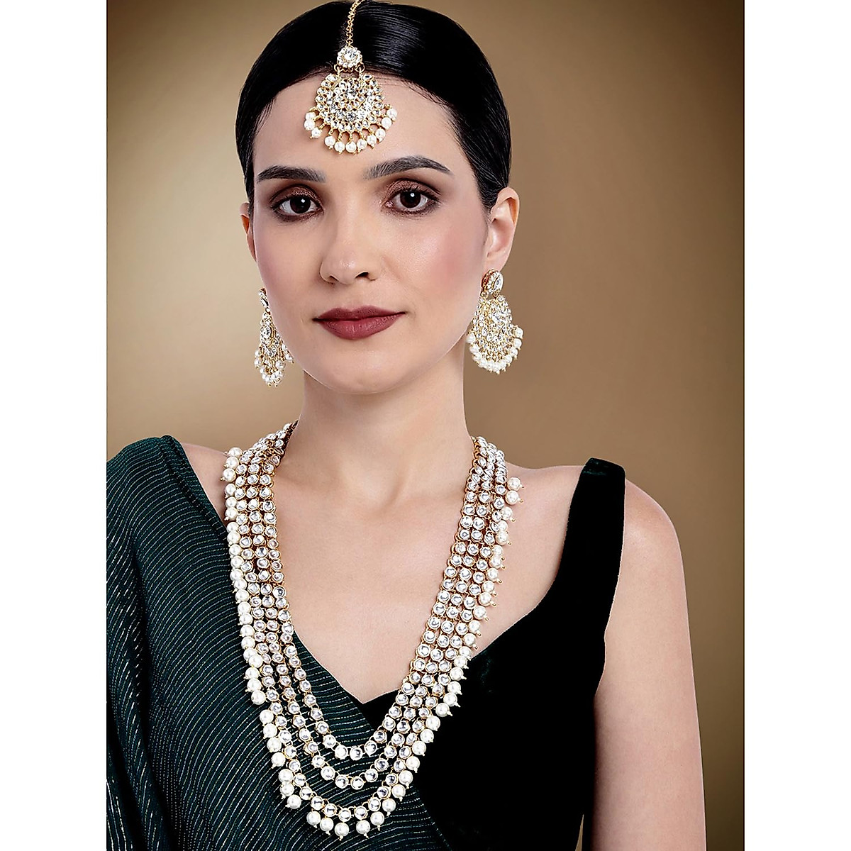 Aheli Indian Ethnic Wedding Faux Kundan Beaded Bridal Long Necklace Earrings with Maang Tikka Traditional Jewellery Set for Women