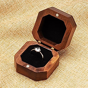 COSISO Portable Wood Ring Gift Box Case for Proposal Engagement Jewelry Display,Small Slim Wooden Ring Holder (Black Inner)