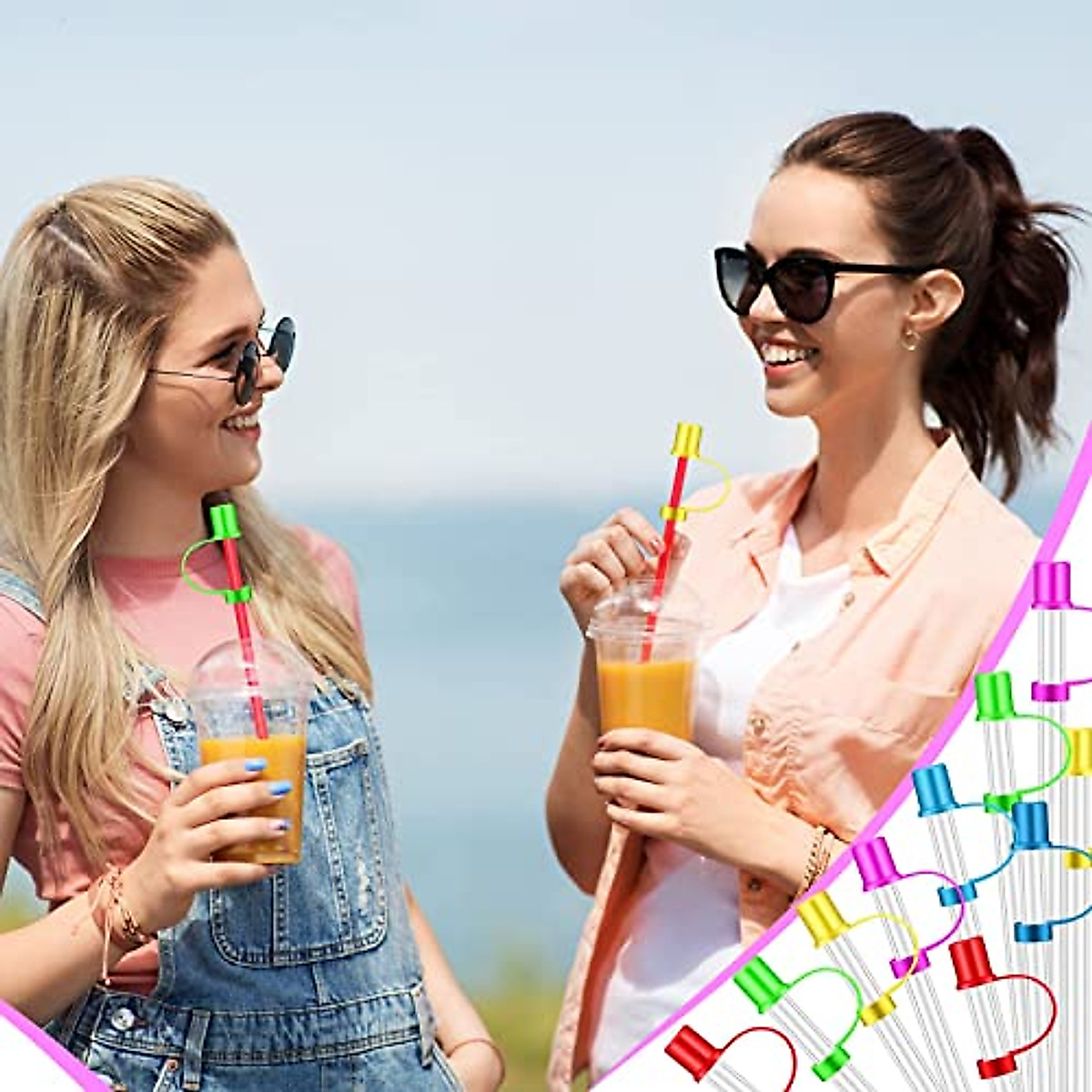 60 Pieces Colorful Drinking Straw Caps Reusable Plastic Drinking Straw Plugs Straw Cover Straw Tips Lids for Straws in 6 Colors (Basic Colors, 9.5 mm)