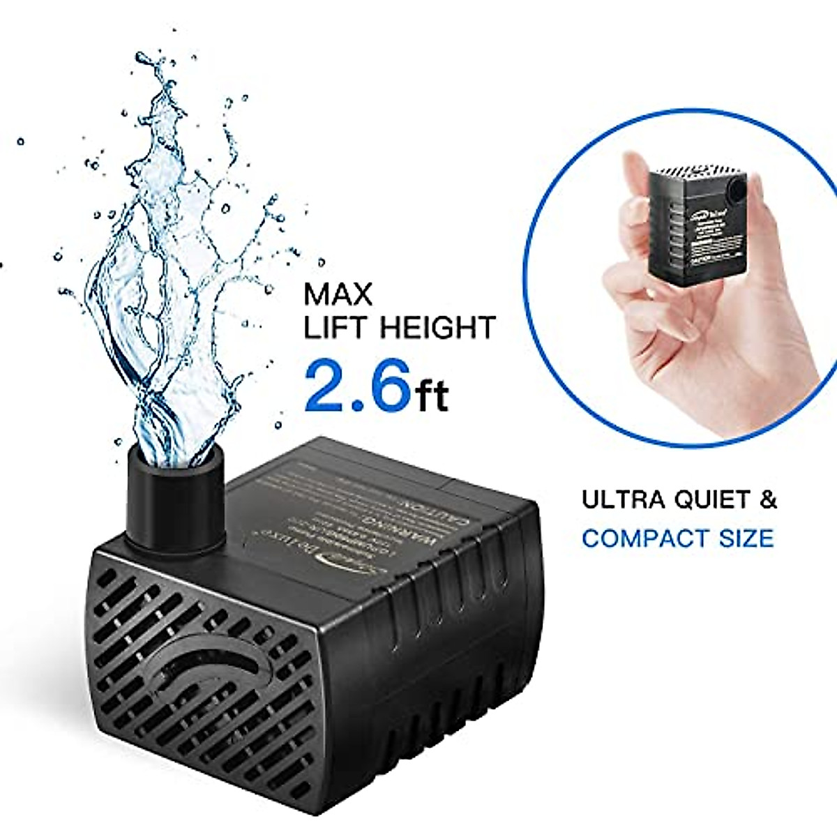 Simple Deluxe 80 GPH Submersible Pump with Adjustable Intake & 6' Waterproof Cord for Hydroponics, Aquaponics, Fountains, Ponds, Statuary, Aquariums & more, Black
