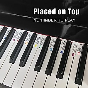 Removable Piano Keyboard Note Labels, Piano Notes Guide for Beginner，Piano Key Music Notes Letter Label，88-key full-size， Made of Silicone No Need Stickers， reusable（Rainbow colors)