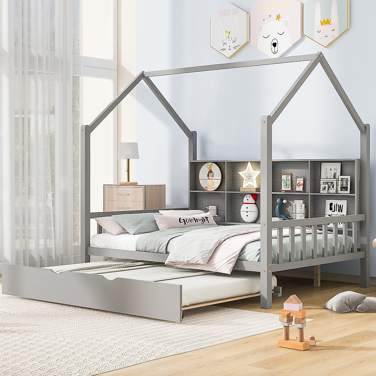 House Bed with Trundle and Storage Shelves, Montessori Bed Full Size Platform Bed Frame with Roof, Tent Bed, Solid Wood Playhouse Bed for Kids Teens Girls Boys (Full Size, Gray)