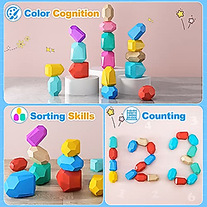 IGIVI Montessori Toys for 1 2 3 Year Old Boys & Girls, Wooden Stacking Sorting Rocks Balancing Stone, Preschool Educational Sensory Toys for Toddlers, Birthday Gifts for Kids Toys Ages 2-4 5-7