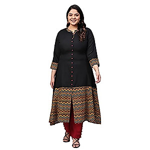 Yash Gallery Women's Rayon & Cotton Cambric Zig-Zag Print A-Line Kurta (XXL, Black.)