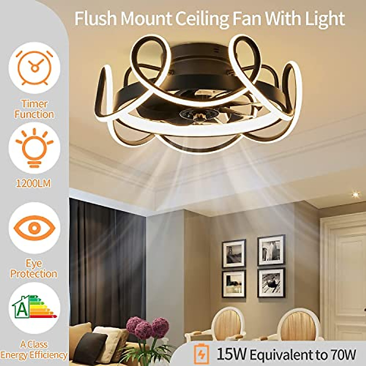 XuanDe Ceiling Fans with Lights and Remote Modern 18" Ceiling Fans Bladeless, Quiet Motor Stepless Dimmable 6 Wind Speeds Geometric, Low Profile Flush Mount Ceiling Fan for Bedroom Living Room