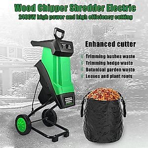 FHB Electric Garden Shredder, 2400W Wood Chipper with 50L Collecting Bag, Max 1.77-in Cutting Diameter, for Lawn and Garden Use,Chippers+20M Power line