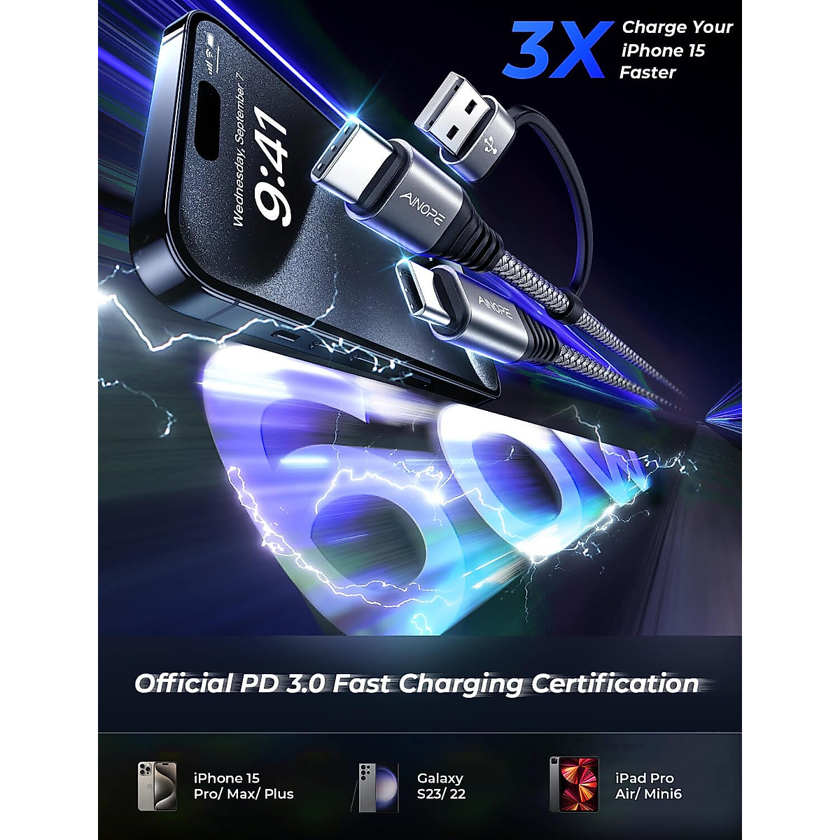 AINOPE USB C Cable 6.6FT[2-Pack, 60W] Nylon Braided Type C Charging Cable Fast Charge, Type C to Type C Cable Compatible with iPad Pro/Air/Mini 6 MacBook Air Galaxy Note