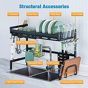 LEPO Over The Sink Dish Drying Rack, 2 Tier Stainless Steel Adjustable Length (25.6-33.5in) & Height(20.5-24.4in) Large Dish Rack Drainer with Utensil Holder for Kitchen Countertop Organizer, Black