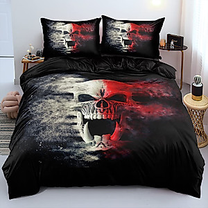 Holiyjog 3D Skull Pattren Duvet Cover Set King Size Red Smoke Background Bedding Set Halloween Comforter Cover Cool Bedroom Decor