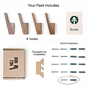 THEHRDWOOD Wood Wall Hooks - Set of 4 - Dark Walnut Wood Coat Hooks for Hanging Hat, Purse, Backpack, Bag, Jacket - Modern Farmhouse Decor for Wall and Practical Entryway Wall Hooks (Walnut)