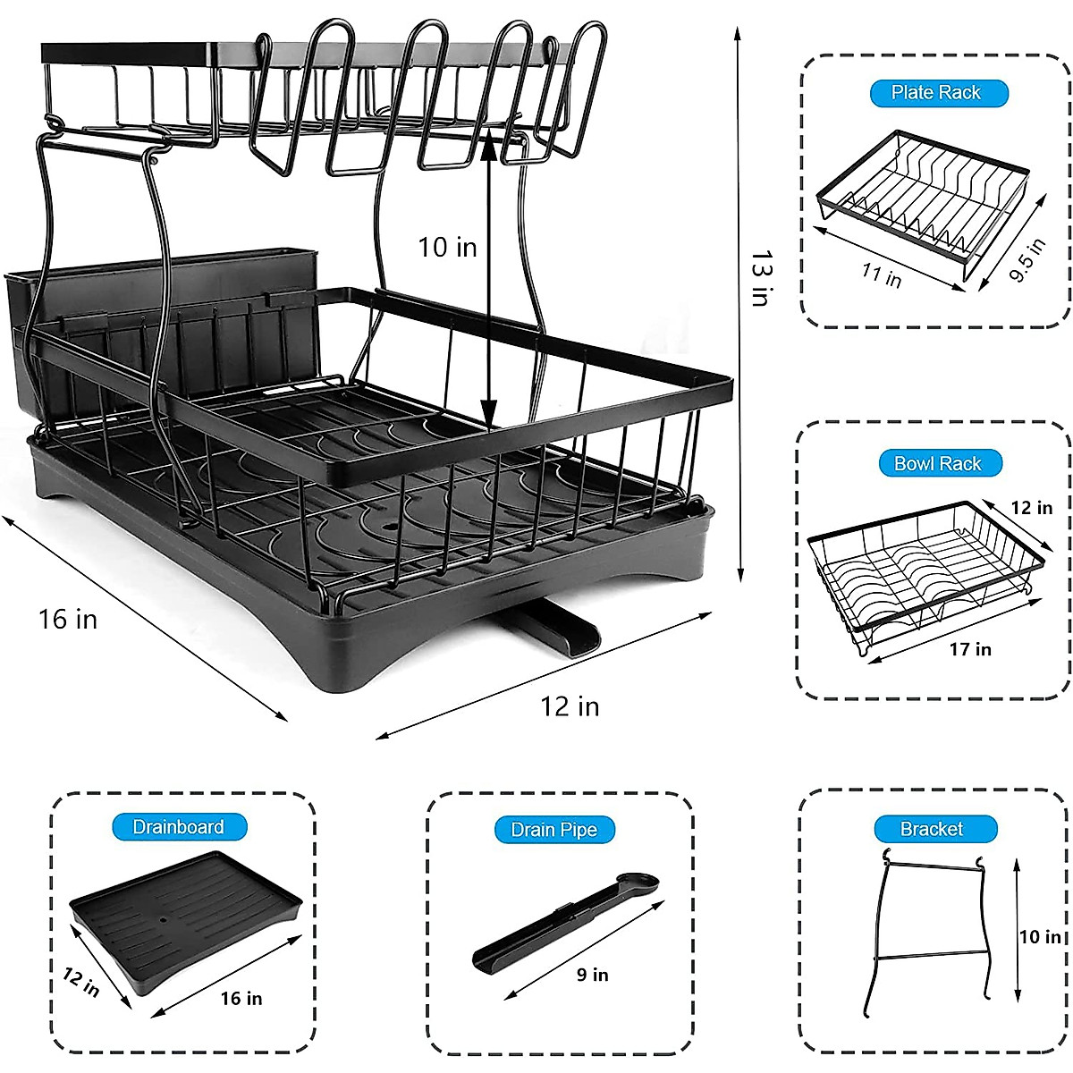 Dish Drying Rack, 2 Tier Large Dish Racks, Stainless Steel Dish Rack, Detachable, Space Saver, Anti Rust, Dish Drainers for Kitchen Counter With Drainboard and Drainage, 16"*12"*13", Black