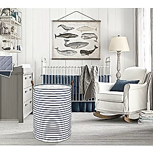 DOKEHOM 17.7-Inches Freestanding Laundry Basket with Lid, Collapsible Large Drawstring Clothes Hamper Storage with Leather Handle (Blue Stripe, M)