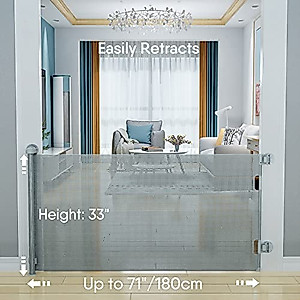 Punch-Free Retractable Baby Gates, BabyBond 33 * 71 inches Extra Wide Baby Gate for Stairs Suitable for Kids or Pets Indoor and Outdoor Dog Gates for Doorways, Stairs, Hallways, Grey