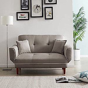 Convertible Futon Sofa Bed with 2 Pillows, Small Loveseat Sleeper Sofa Futon Couch, Recliner Couch with Adjustable Armrest and Wood Legs, Living Room Sofa with 5-Angle Backrest for Small Space (Grey)