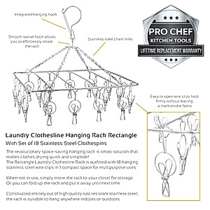 Pro Chef Kitchen Tools Laundry Drying Rack - Rectangle Hanging Clothes Dryer with 18 Clothes Pins - Hangers with Clips - Retractable Clothesline - Mitten Drying Rack - Indoor Outdoor Laundry Hanger