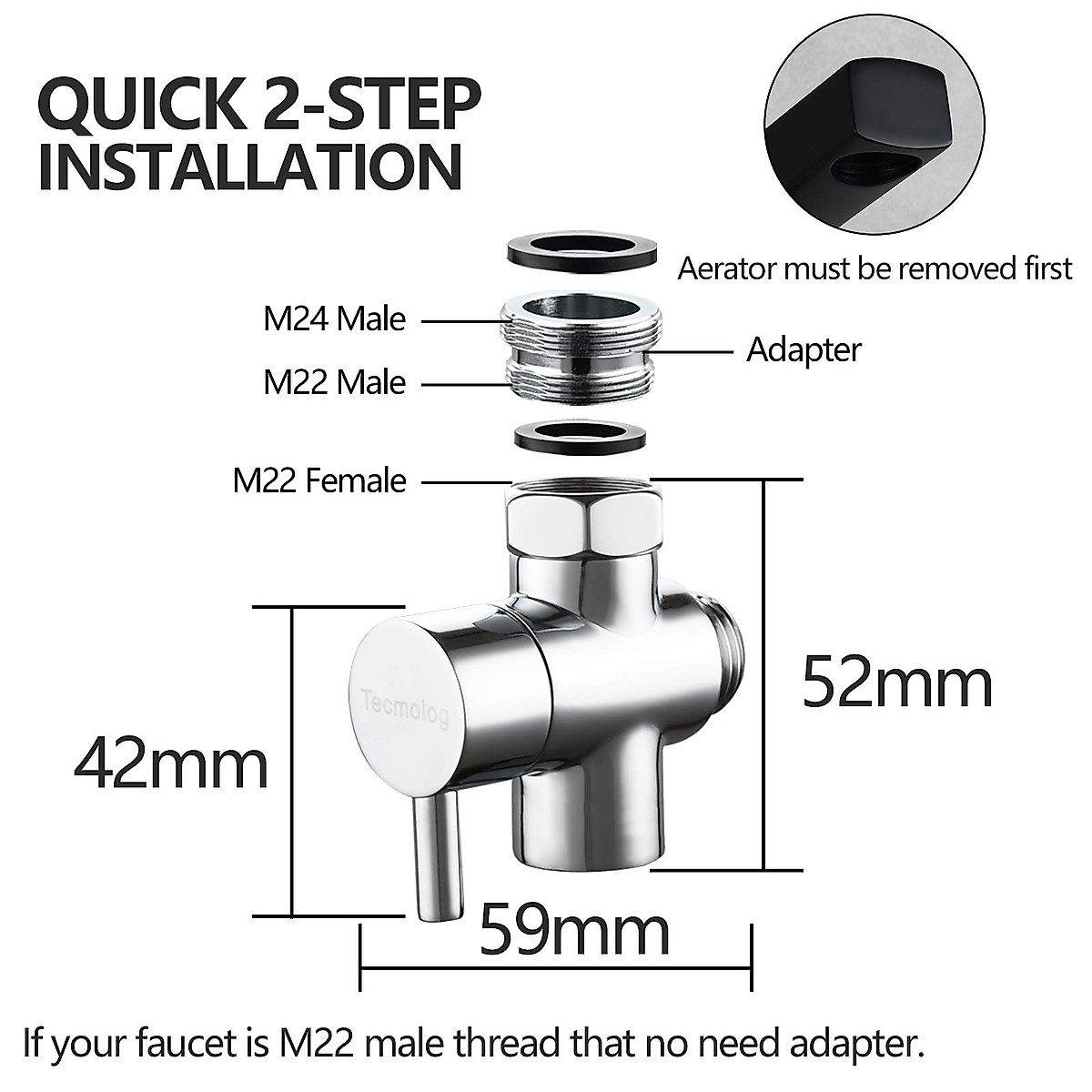 Tecmolog Faucet Diverter Valve Brass Kitchen Sink Faucet Valve Splitter with Aerator and Male Threaded Adapter M22 x M24 Chrome, SBA021E