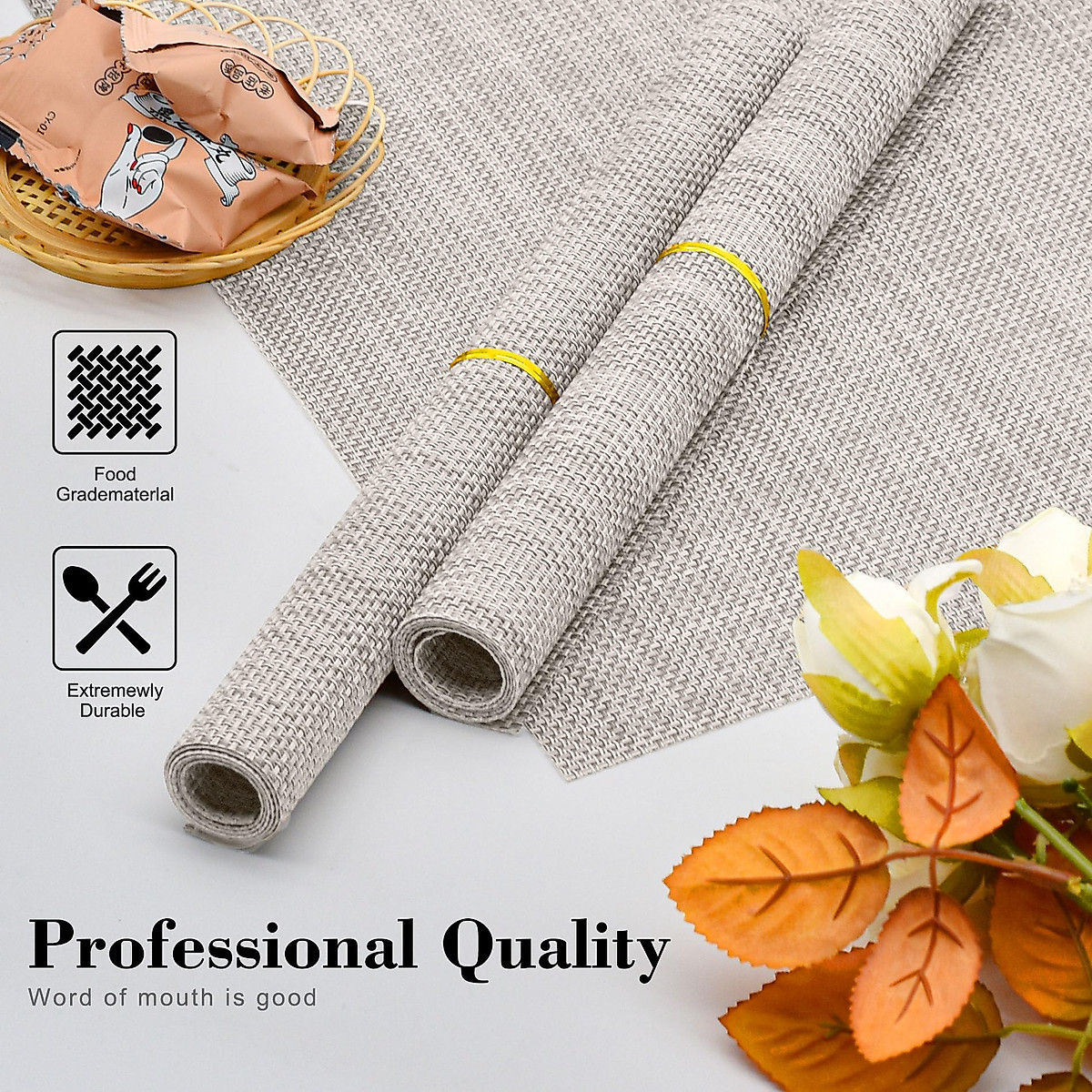 Placemats Set of 6 Washable Indoor/Outdoor Vinyl Place Mats for Dining Table Durable Non-Slip Heat Resistant PVC Weave Table Mats（Beige）