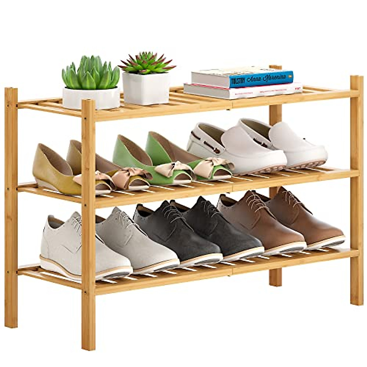 FILWH Bamboo Shoe Rack Stackable Shoe Shelf Storage Organizer for Unit Entryway Hallway and Closet Sturdy Freestanding Shoe Shelf Natural (3 Tier)