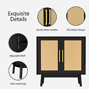 LYNSOM Rattan Storage Cabinet with Doors and Shelves, Natural Rattan Sideboard and Buffet with Storage, Free Standing Accent Cabinet for Entryway, Living Room, Office, Black