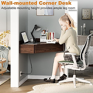 armocity Floating Corner Desk with Outlets & USB Ports, Wall-Mounted Corner Table for Small Space, Triangle Computer Desk with Drawer for Home Office, Vanity Desk, Corner Space, Bedroom, Espresso