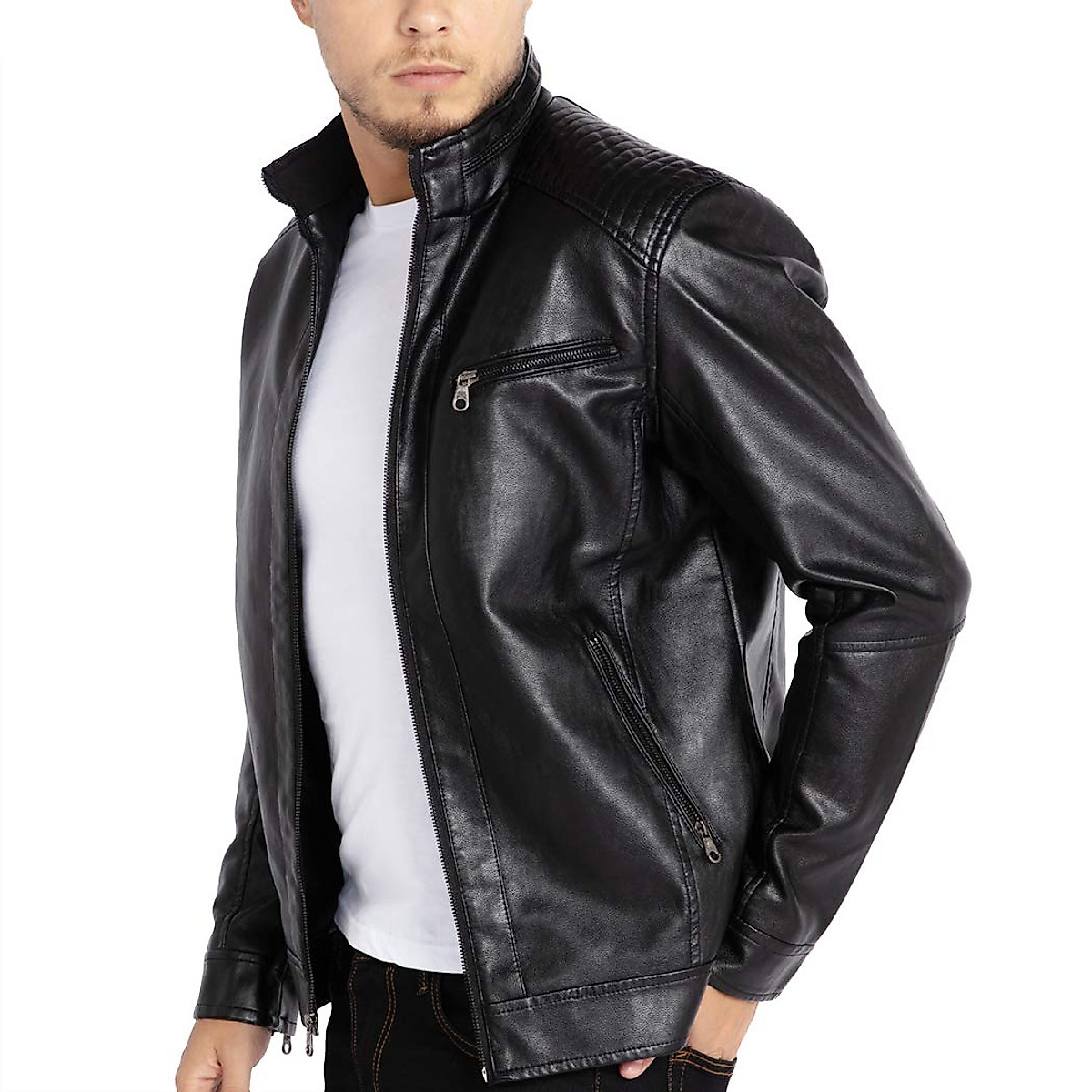 WULFUL Men's Stand Collar Leather Jacket Motorcycle Lightweight Faux Leather Outwear