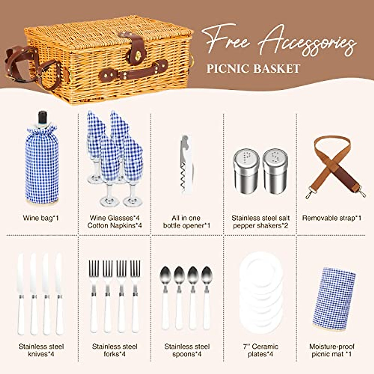 Greenstell Wicker Picnic Basket Sets for 4 Persons with High Sealing Insulation Layer,Waterproof Picnic Mat, Removable Strap and Wine Bag, Tableware, Picnic Basket for Family,Party,Outdoor,Camping