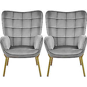 Yaheetech Accent Chairs Set of 2, Armchairs with Gold Metal Legs, Modern Living Room Chairs for Home Office/Bedroom, Light Gray, 2pcs