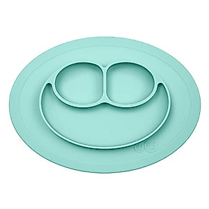 ezpz Mini Mat - 100% Silicone Suction Plate with Built-in Placemat for Infants + Toddlers - First Foods + Self-Feeding - Comes with a Reusable Travel Bag (Aqua)