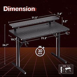 Small Gaming Desk with LED Lights, Computer Desk 31 Inch Gaming Table with Monitor Shelf, PC Desk with Cup Holder and Headphone Hook, Gamer Desk with Carbon Fiber Texture, Boys Desk Gift for Men