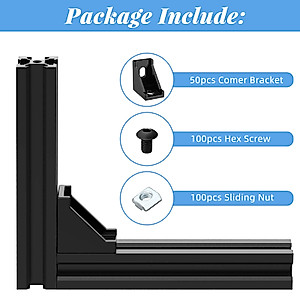 Zhengmy 50Sets 2020 Series Aluminum Profile Connector Set Including 50Pcs Corner Bracket 100 Pcs M5 T Nuts 100 Pcs M5x8 mm Hex Screw Bolt for 6 mm Slot Aluminum Profile Rail Accessories,black, silver