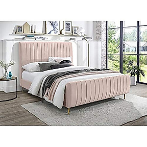 Meridian Furniture Zara Collection Modern | Contemporary Velvet Upholstered Bed with Deep Channel Tufting and Custom Gold Legs, King, Pink