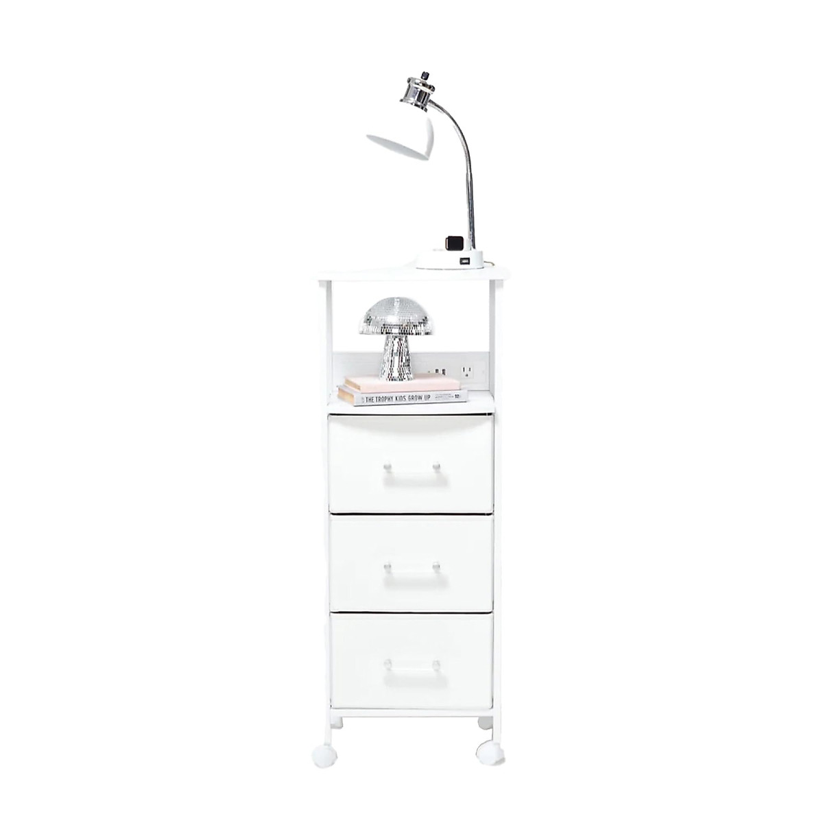 Dormify Charging 3-Drawer Cart on Wheels | 1 Outlet & 2 USB Ports | Fabric Drawers | Nightstand | Closet Dresser | White with Clear Handles | Storage for Small Spaces | Dorm Room Essentials