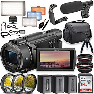Sony FDR-AX53 4K Ultra HD Handycam Camcorder w/ 64GB Memory Card + Filter Kit + LED Video Light + Microphone & More
