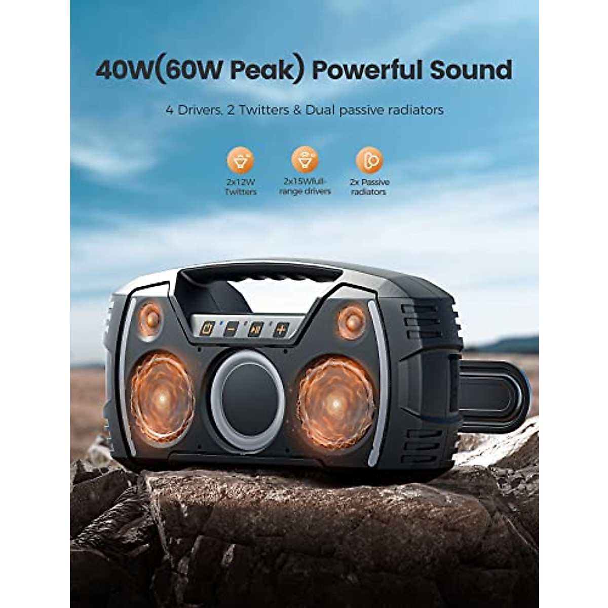 Portable Bluetooth Speaker, 40W(60W peak)Stereo Loud Sound, IPX7 Waterproof Speaker with Beat-Driven Lights,Deep Bass, Bluetooth 5.3 Wireless Pairs, 10000mAh Battery for Outdoor, Party, Camping Gifts