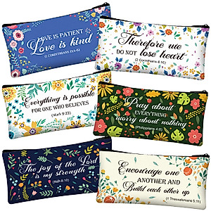 Zonon Bible Verse Pencil Pouch Faith Journals for Women, Rustic Floral Patterned Inspirational Quote Bible Pencil Case Bible Study Supplies Makeup Bags for Women, 6 Pieces (Novel Style,7.7 x 4 Inch)
