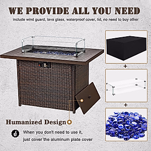 Vakollia Propane Fire Pit Table,44 Inch 55000 BTU Outdoor Gas Fire Pit Rectangular with Glass Wind Guard for Outside Patio Deck (Brown-Aluminum Top)