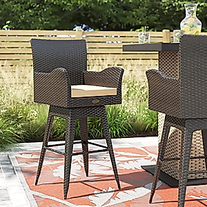 Barton 2 Pieces Swivel Bar Stool w/Foot Rest Weather Resistant Fabric Cushion Outdoor Patio Furniture Wicker Rattan