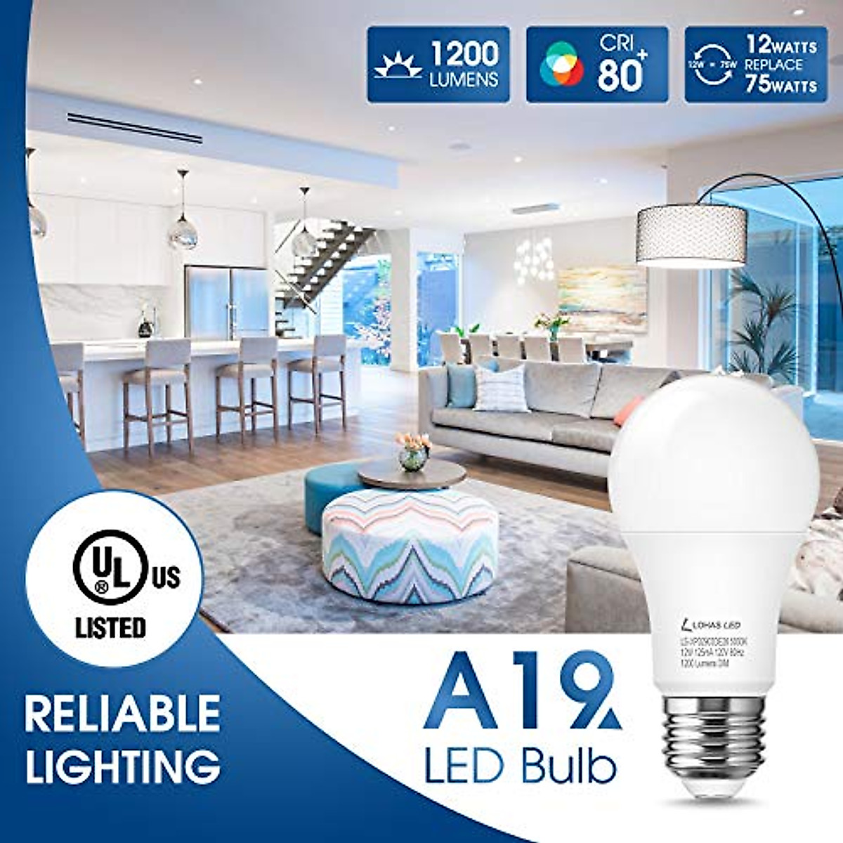 LOHAS A19 LED Light Bulb Dimmable, A19 LED Bulbs Daylight White 5000K, 12W 1200LM A19 Edison Bulb 75W Equivalent, E26 Standard Base LED Bulb Replacement, UL Listed, 4 Pack