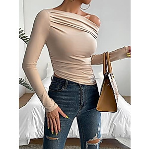 Floerns Women's Asymmetrical Neck Long Sleeve Ruched Solid Crop Top Tee Shirt Apricot M