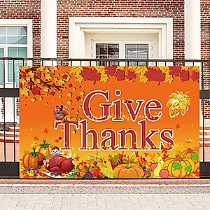 GIVE Thanks Extra Large Fabric Sign Poster Banner Backdrop for Thanksgiving Day Party Decorations with Pattern Pumpkin Maple Leaf Turkey Corn Fruit Welcome Autumn Hang Outdoor Indoor 43.3"x70.8"